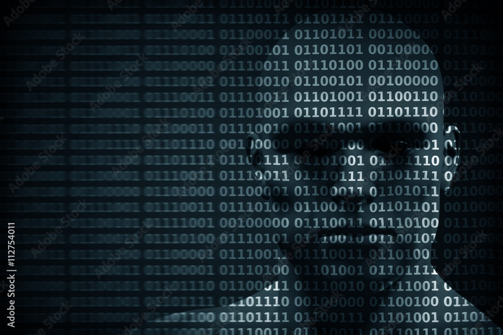 Man face blended with binary code digits. Concept of hacker, data ...