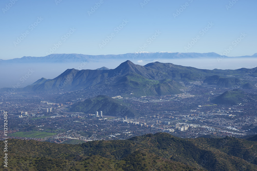 Panoramic view of Santiago, capital of Chile. Viewed from Parque Puente ...