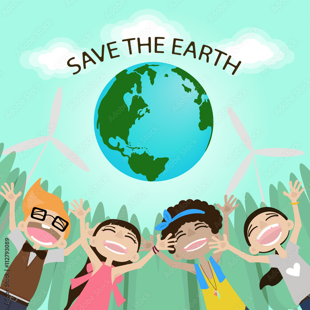 Save the Earth. Earth Day. Boy and girl hugging the Globe. Funny ...