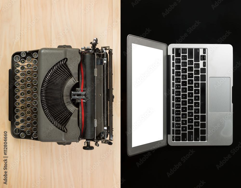 comparison between computer laptop and typewriter Stock Photo | Adobe Stock