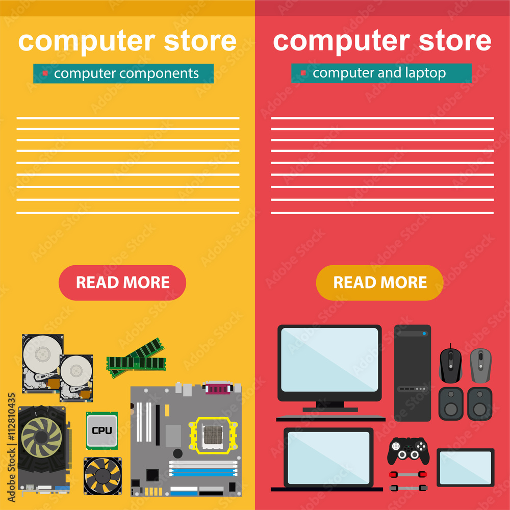 Flat design concept of computer store, sale of computers, laptops ...