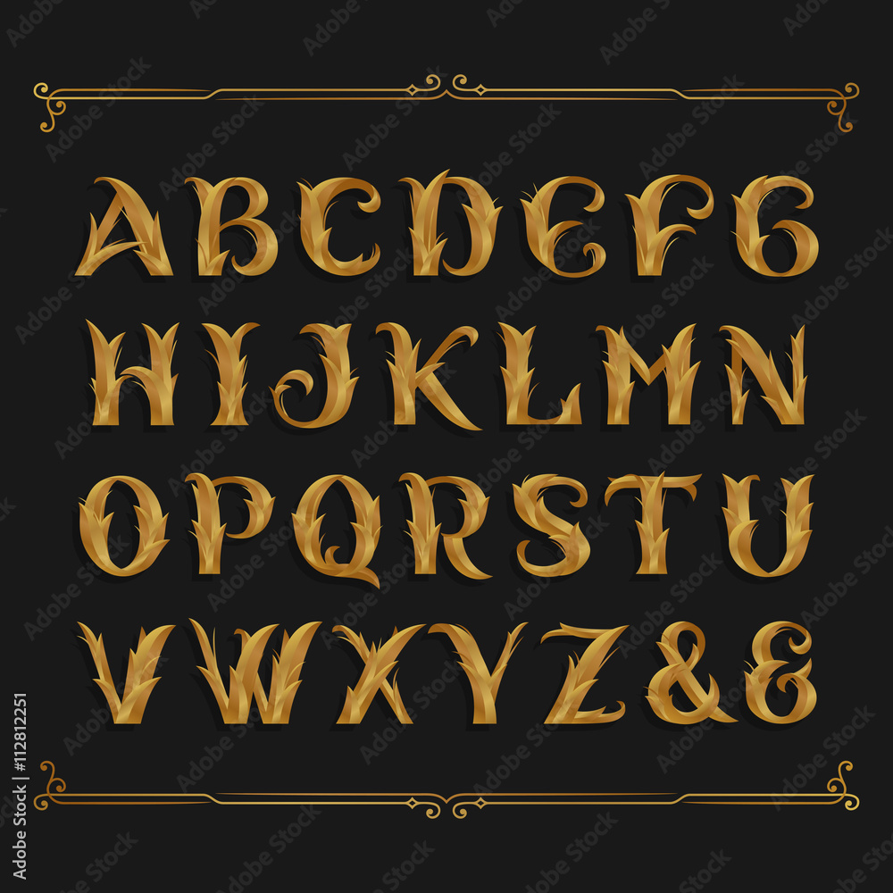 Decorative ornate alphabet vector font. Golden leaf letters. Vector ...