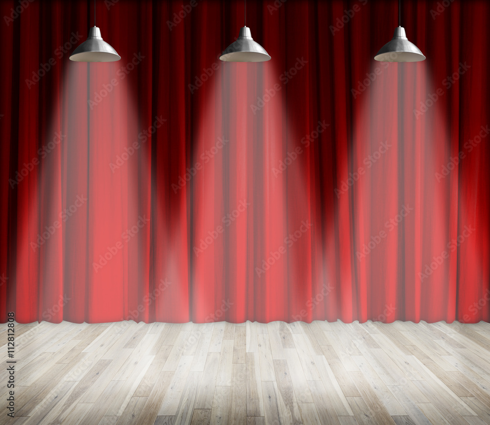 Lamp with lighting on stage. Lamp with red curtain and wooden floor ...