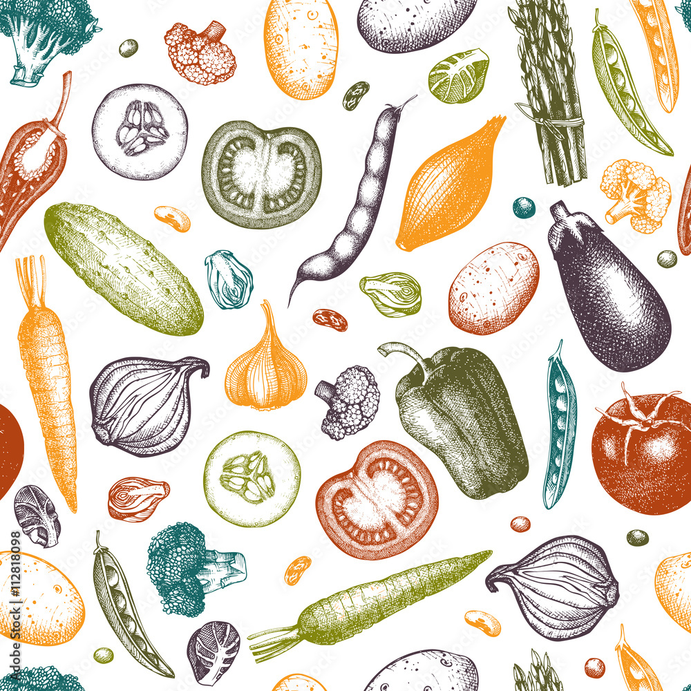Seamless pattern with hand drawn vegetables illustration. Vintage ...