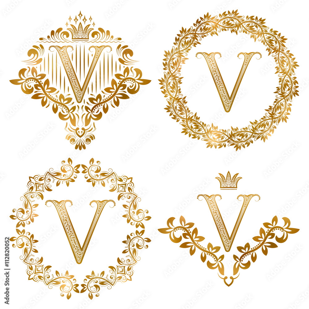 Golden V letter vintage monograms set. Heraldic coats of arms and round ...