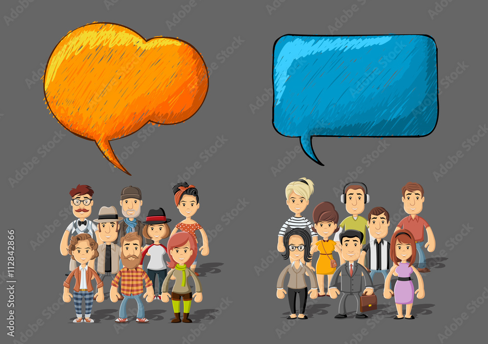 Vettoriale Stock Template with two groups of cartoon people talking by ...