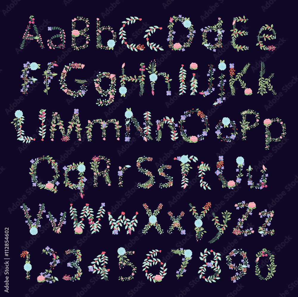 Vintage Style Vector Floral Alphabet with Uppercase and Lowercase ...