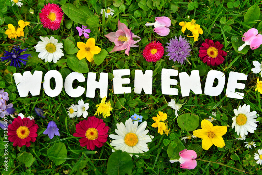 schönes Wochenende Text auf Blumen Wiese Stock-Foto | Adobe Stock