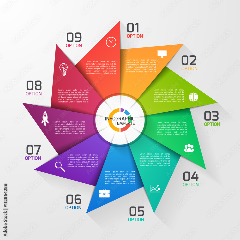 Windmill style circle infographic template for graphs, charts, diagrams. Business, education and ...