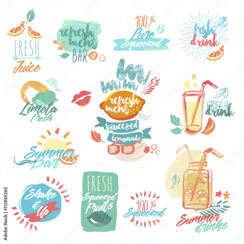 Hand drawn watercolor labels and stickers of fresh fruit juice and ...