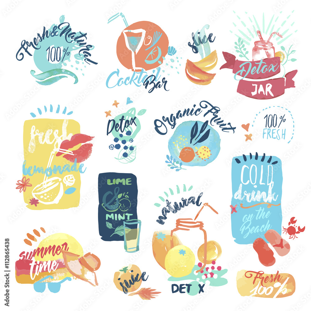 Hand drawn watercolor labels and stickers of fresh fruit juice and ...