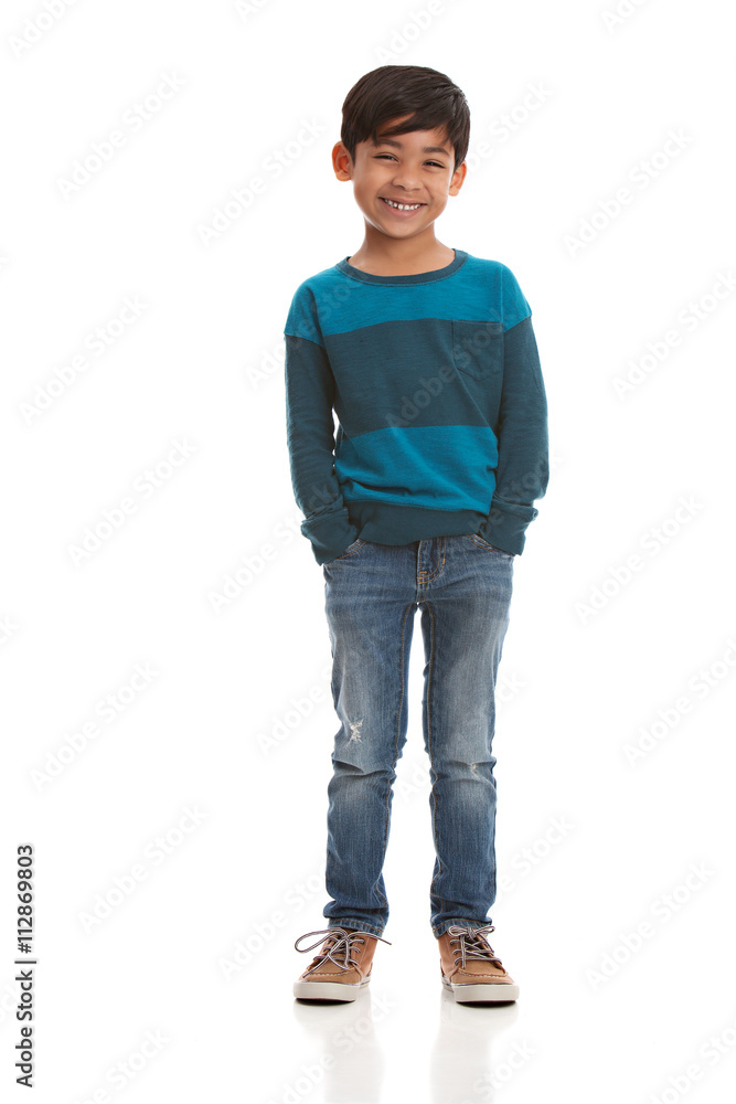 Full length portrait of a young, mixed race boy. Isolated on white ...