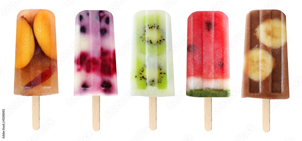 Five assorted fruit popsicles isolated on a white background Stock ...