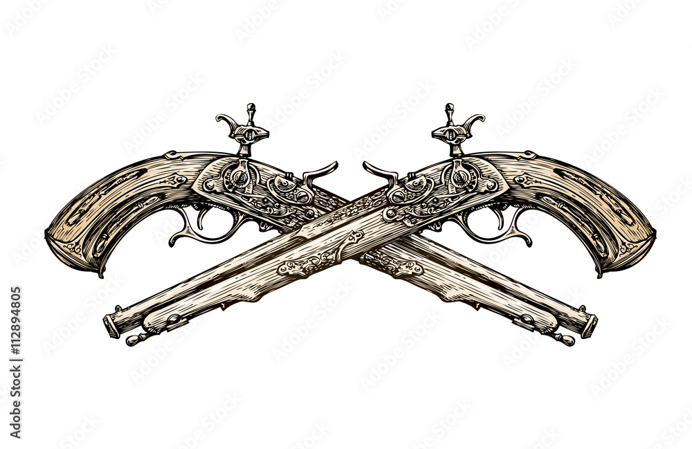 Crossed vintage Pistols. Hand drawn sketch ancient weapon. Duel. Vector ...