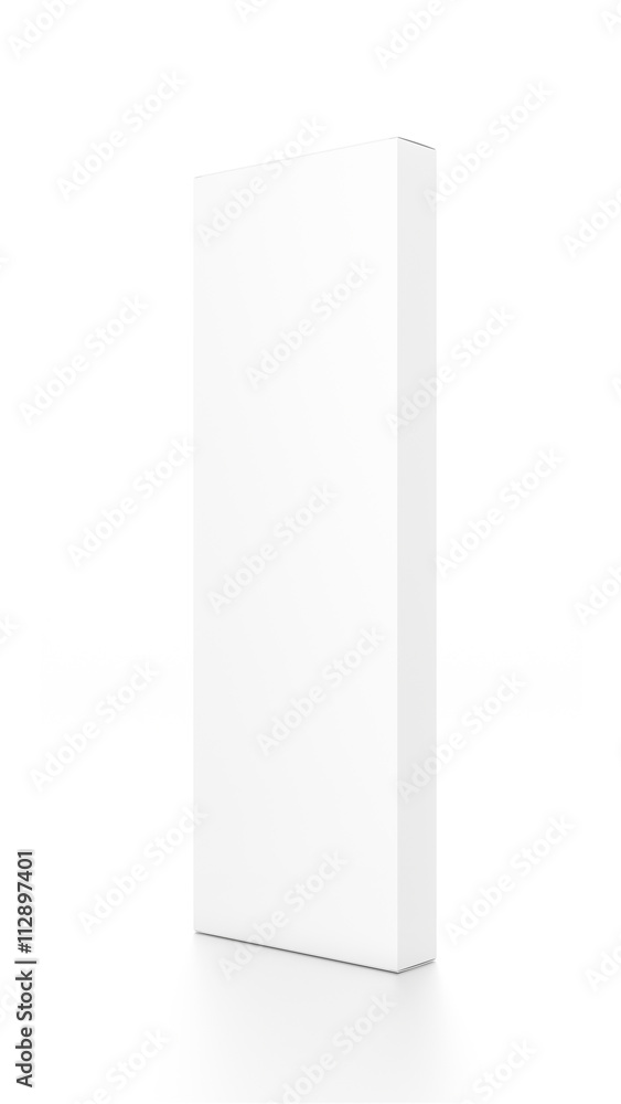 White tall thin vertical rectangle blank box from side angle. 3D ...