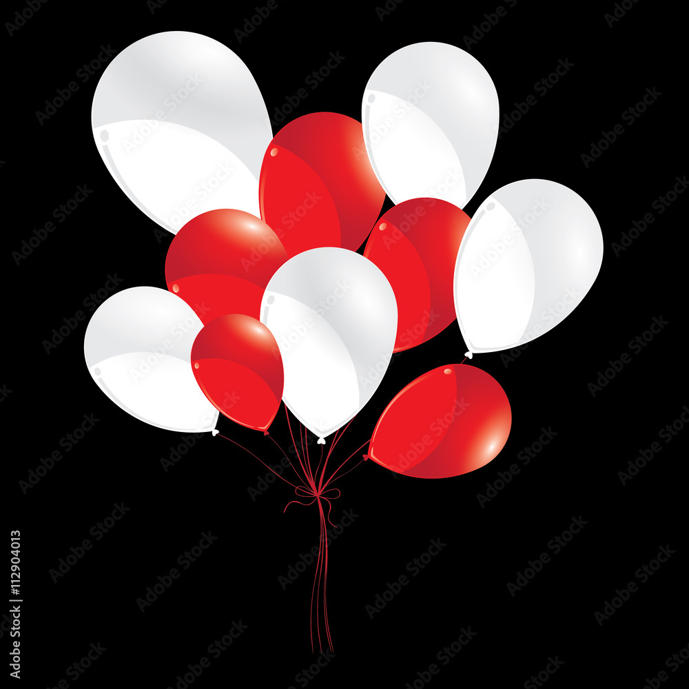 Red and white balloons isolated on black background. White and red ...