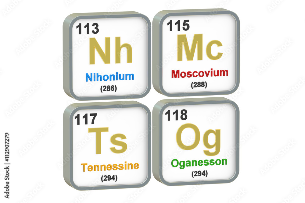 Nihonium, Moscovium, Tennessine, Oganesson chemical elements, 3D Stock ...
