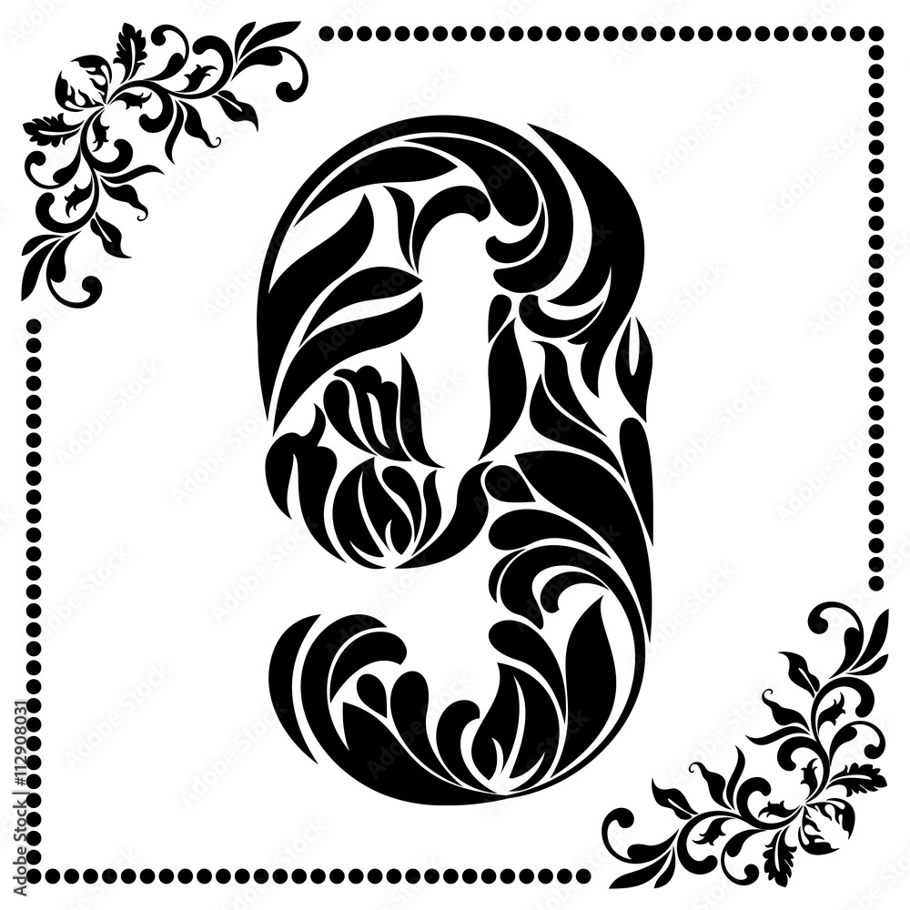 Decorative Font with swirls and floral elements. Ornate decorated digit ...