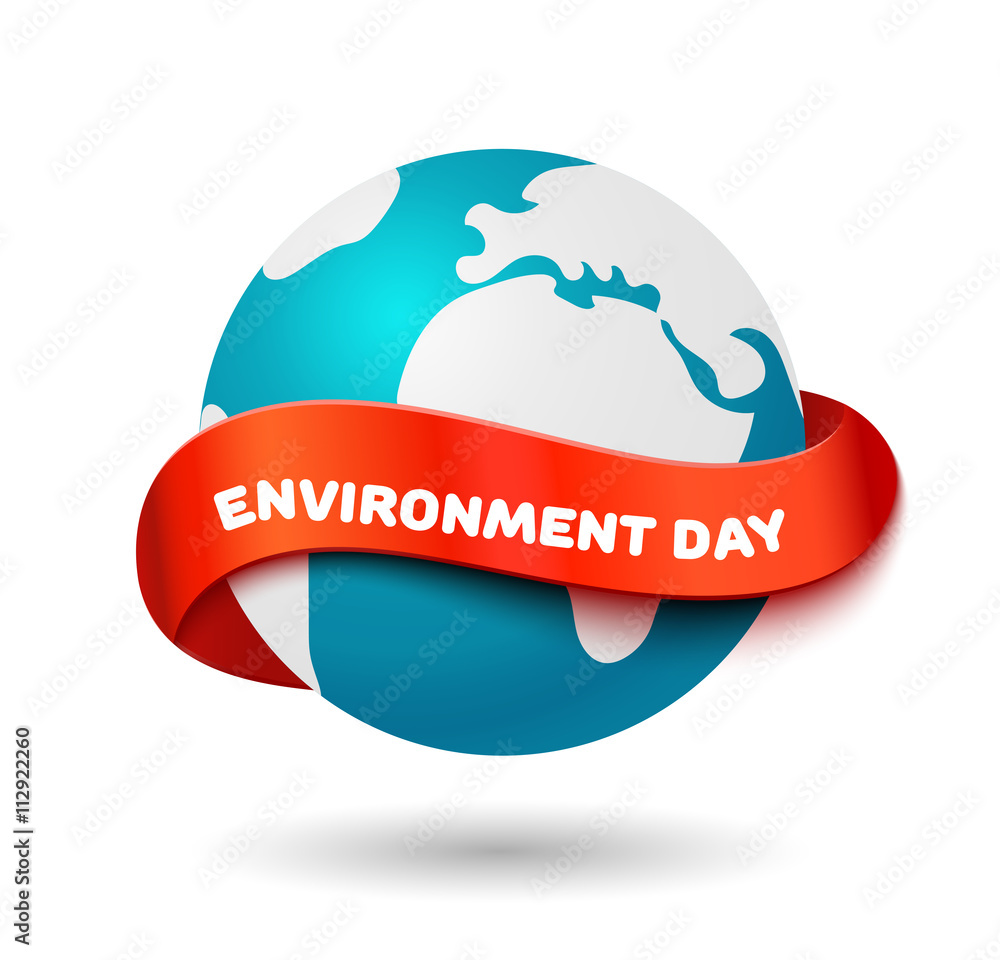 Environment day concept. Big Earth globe with curve red ribbon and ...