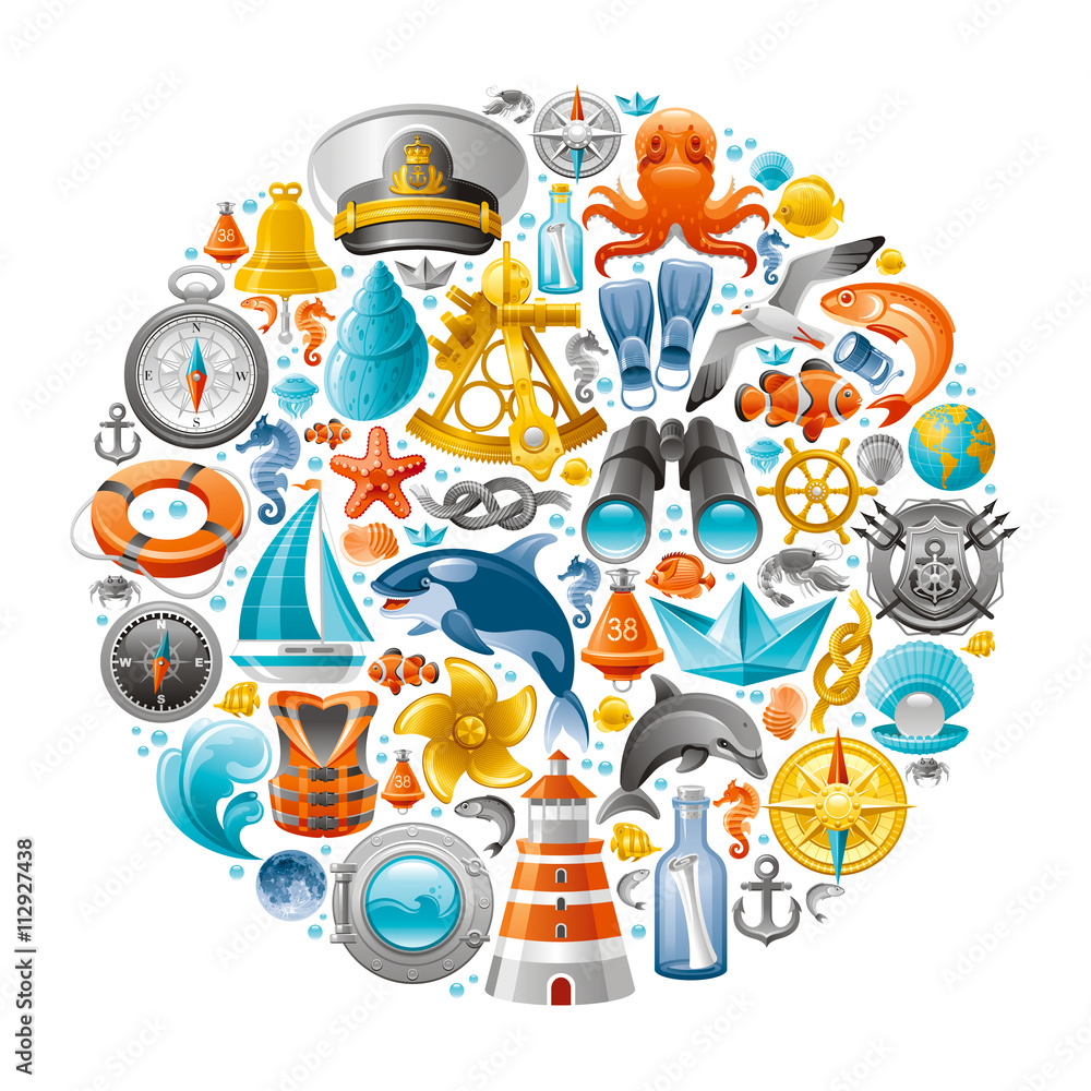 Vecteur Stock Ship travel icon set contains lighthouse, killer whale ...