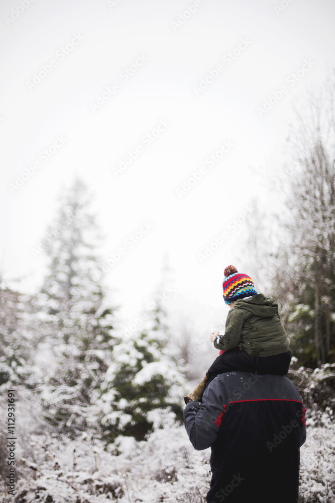 Child Riding on Man's Shoulders in Showy Forest Stock Photo | Adobe Stock