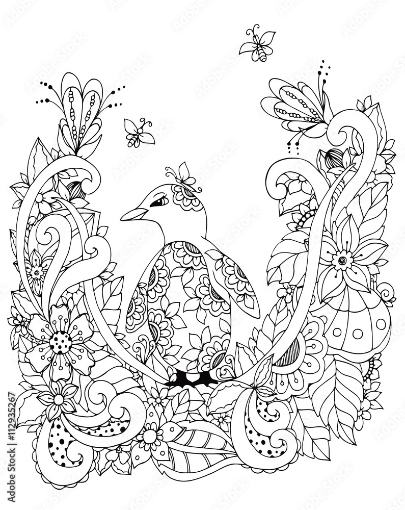 Vector illustration Zen Tangle, a penguin in flower frame. Doodle ...