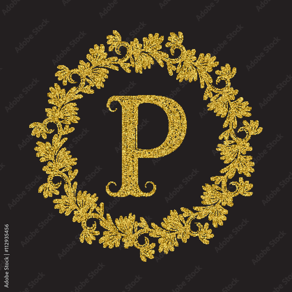 Golden glittering letter P monogram in vintage style. Heraldic circular ...