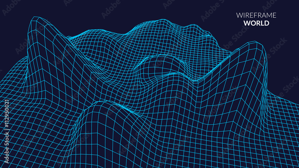 Wireframe Landscape Background. Futuristic Landscape with line Grid ...