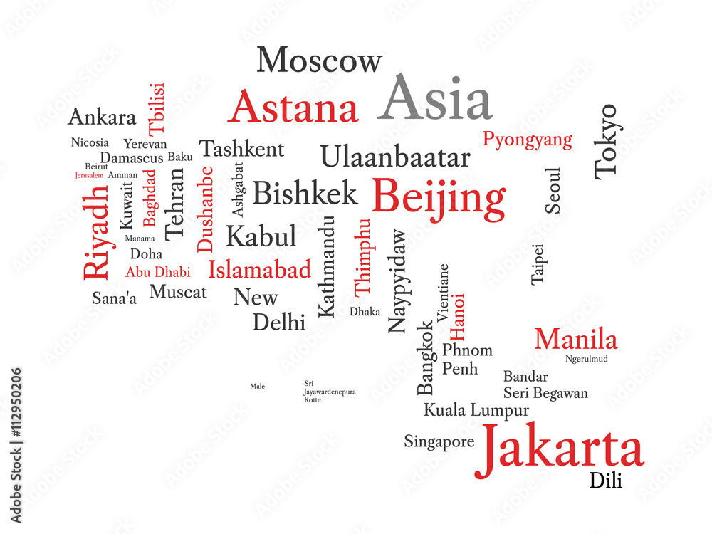 Word cloud in a shape of continent contains all Asian capitals ...