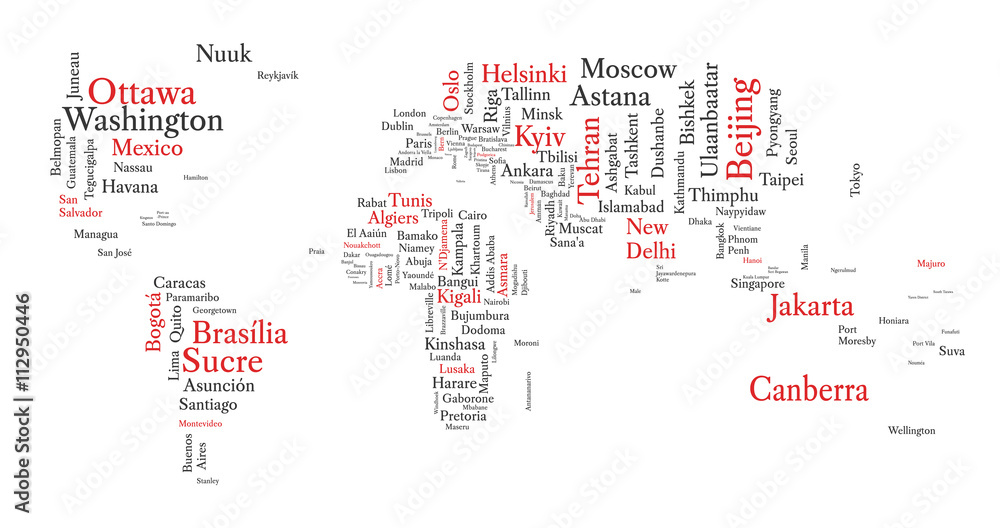 Word cloud in a shape of map contains all world capitals. Conceptual ...
