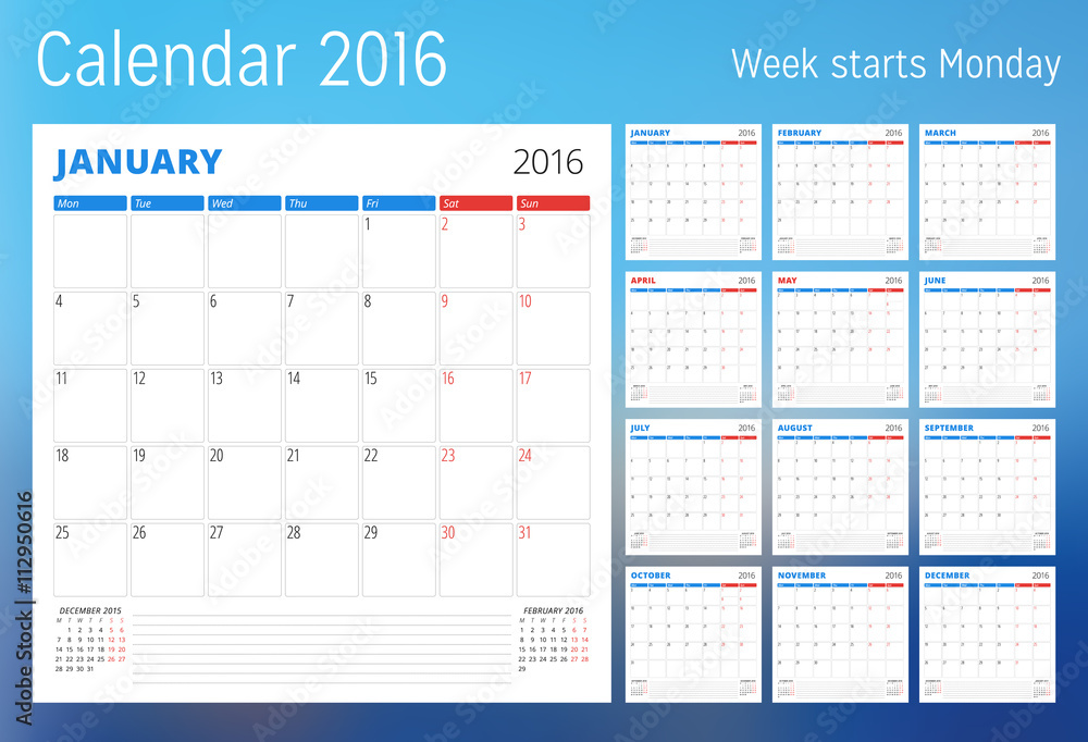 Calendar for 2016 year. Planner template. Vector design print template ...