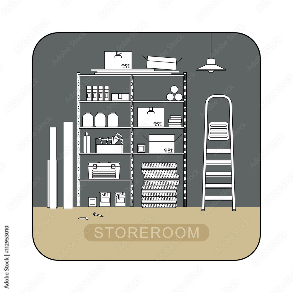 Storeroom interior with metal storage. Stock Vector | Adobe Stock