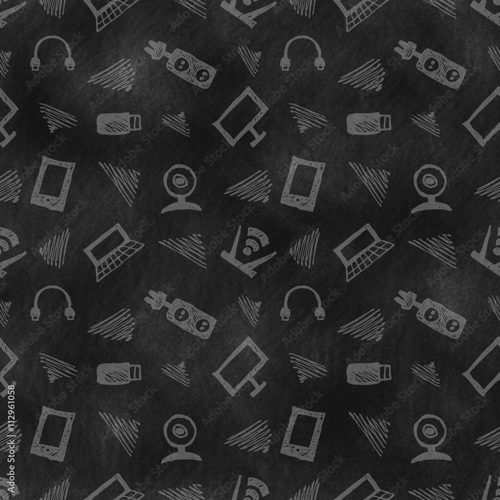 Hand drawn technology background with monitor, notebook, router, usb ...