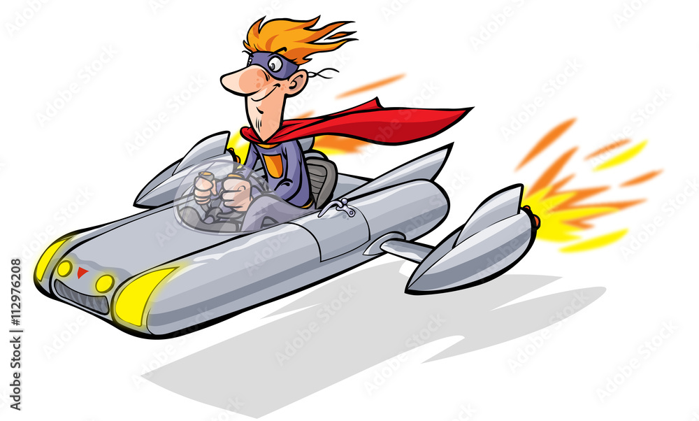 Cartoon Superhero drives his flying car. Stock Vector | Adobe Stock