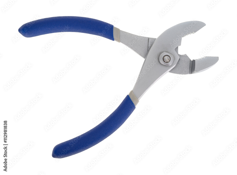 Blue handled pliers that are opened top view isolated on a white ...