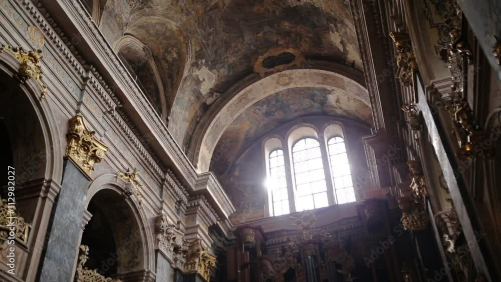 Church interior with mural ceiling. Christian religion architecture ...