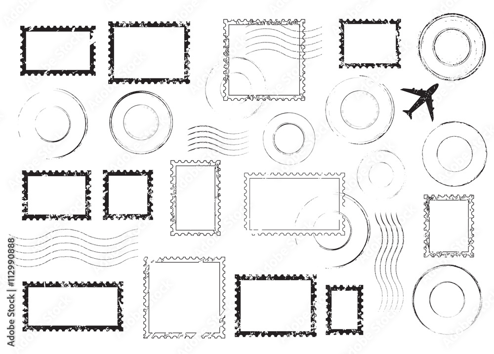 Set of postal stamps and postmarks, black isolated on white background ...