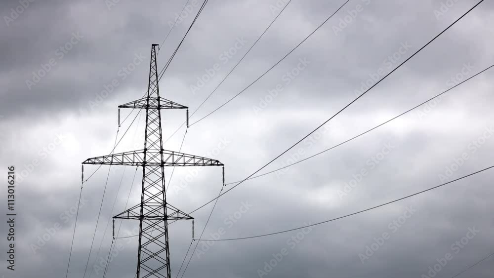 timelapse video of high voltage power lines and tall electricity pylon ...