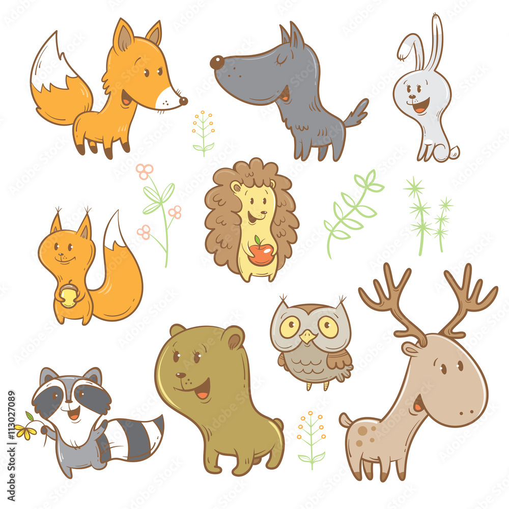 Cute cartoon forest animals set. Funny fox, wolf, squirrel, hare ...