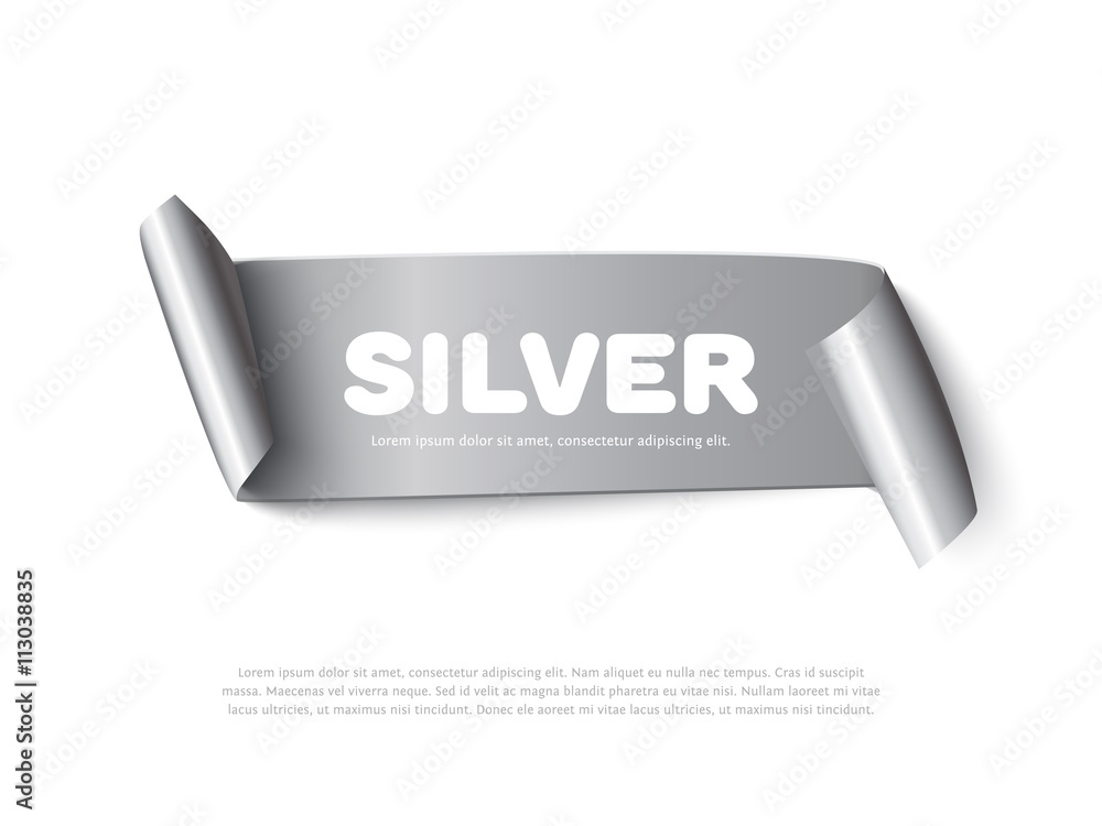 Silver curved paper ribbon banner with paper rolls and inscription ...