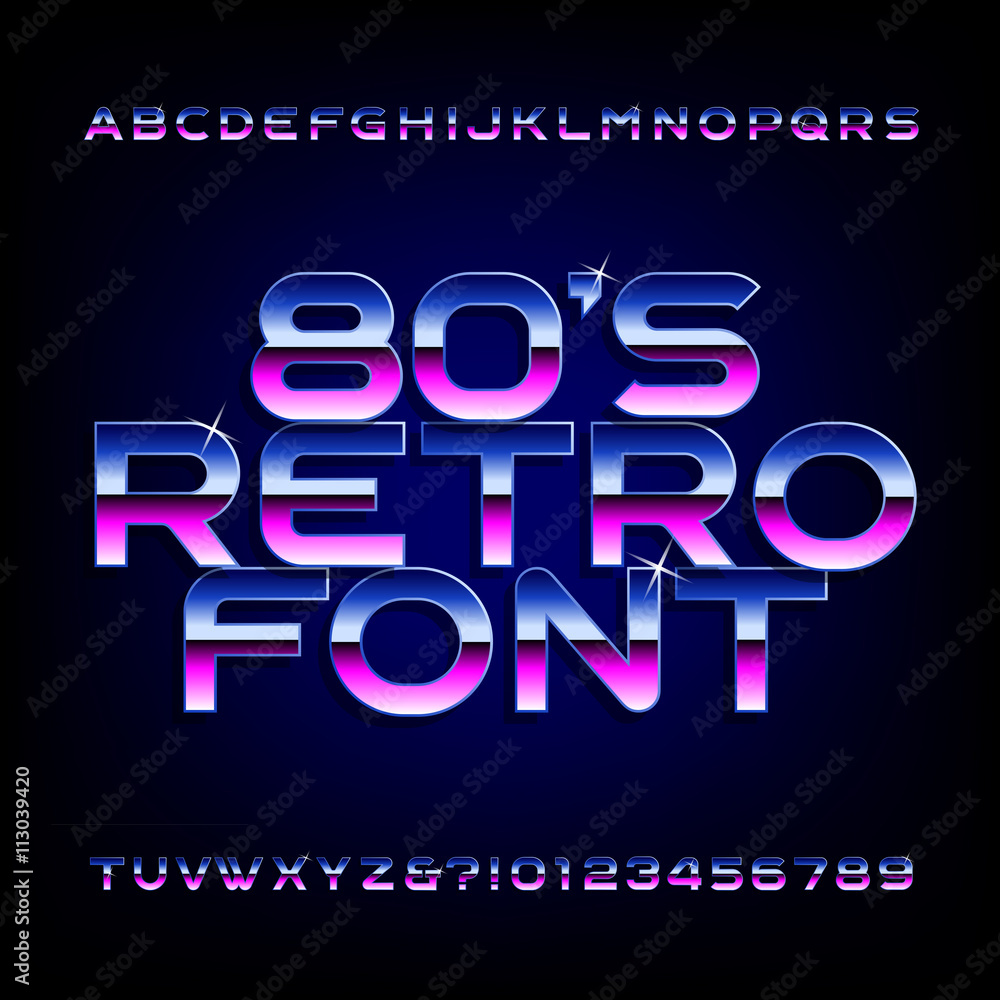 80's retro alphabet font. Metallic effect shiny letters and numbers ...
