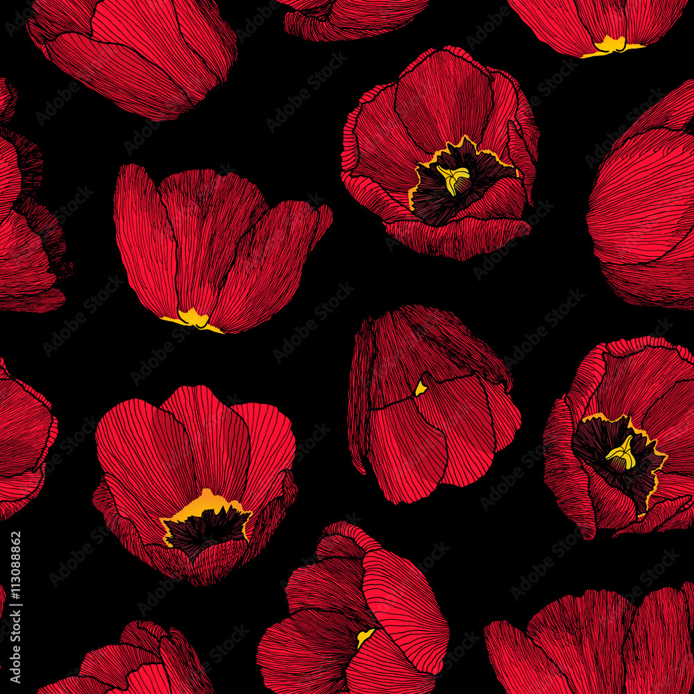 Vector graphic hand-drawn ink seamless pattern of red tulip flowers in ...