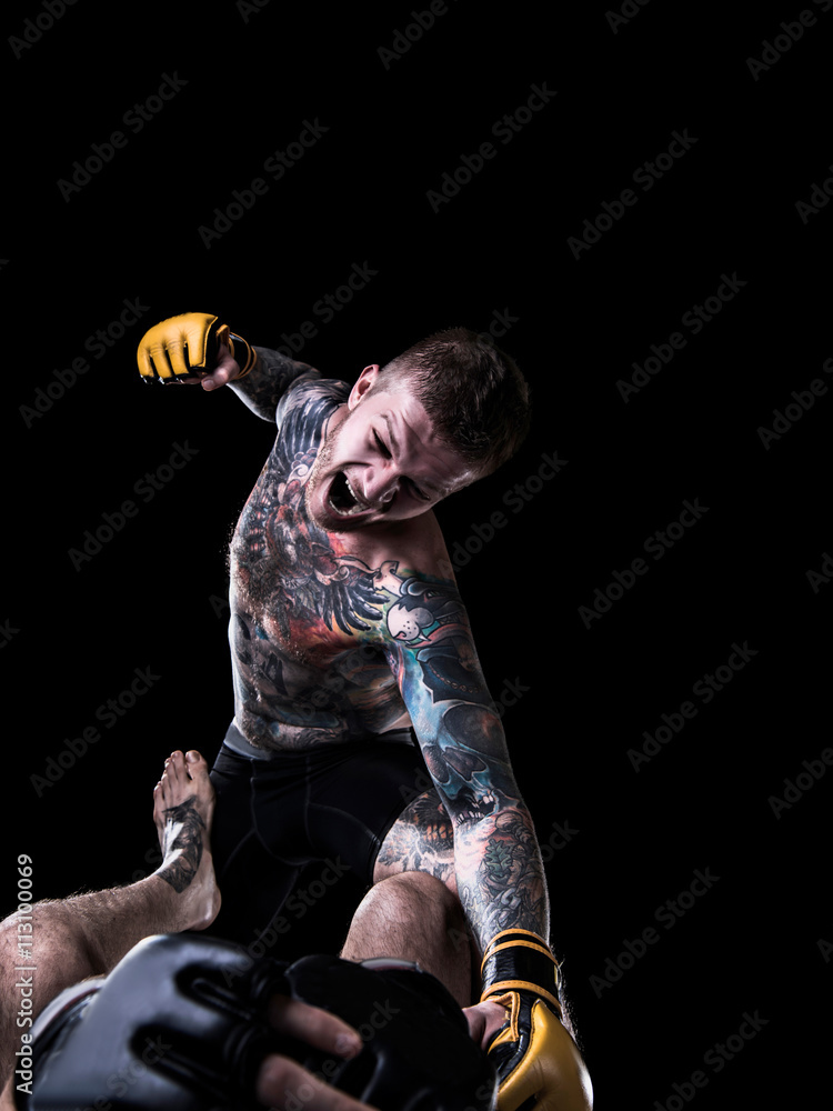 Aggressive MMA fighter punching opponent on the ground Stock Photo ...