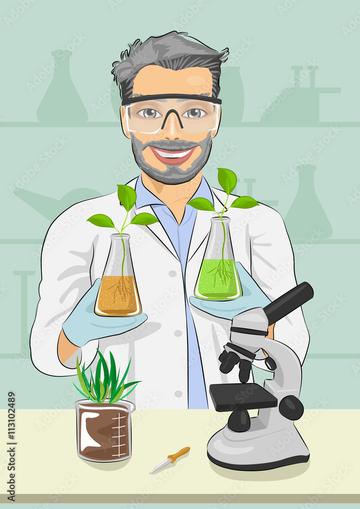Mature man biologist with protective glasses holding two flasks with ...