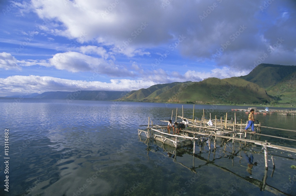 Fish rearing cages, Tongging, northern tip of Lake Toba's largest lake ...