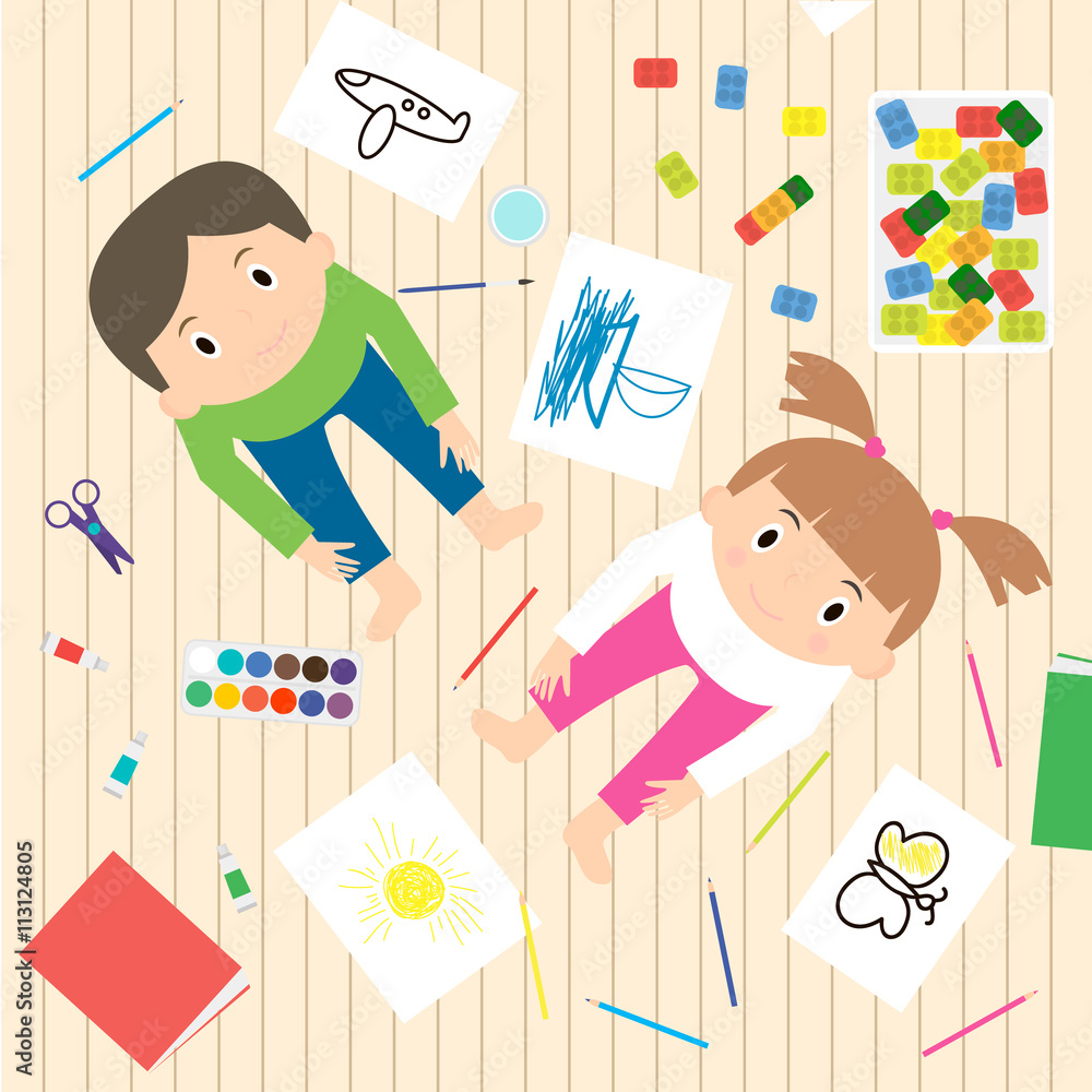 Kids Art-working process. Kids creativity vector illustration. Top view ...