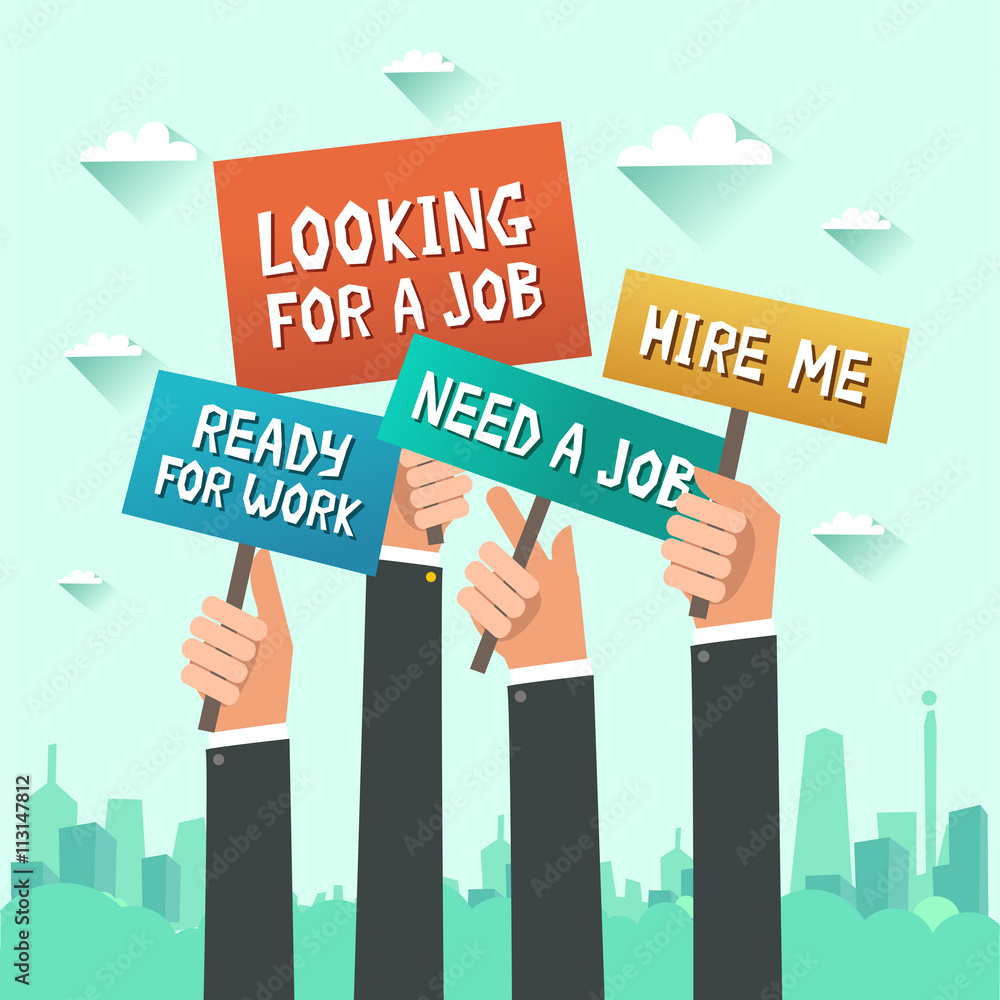 Human hands holding placards with "Looking For A Job", "Ready for work ...