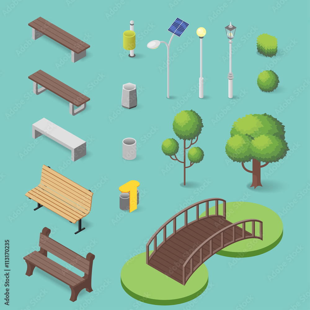 Vector set of isometric park objects: bench, trash box, trees Stock ...