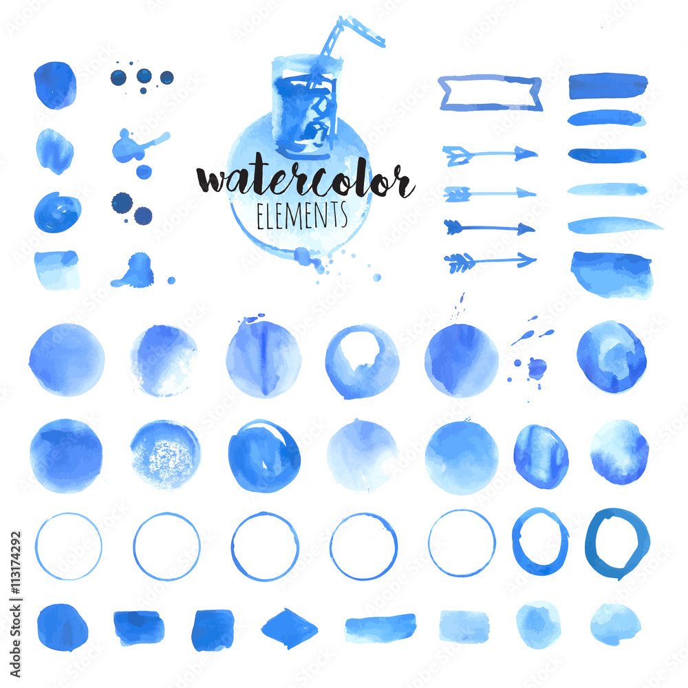 Set of hand drawn watercolor elements, brushes, splash, frames, stains ...