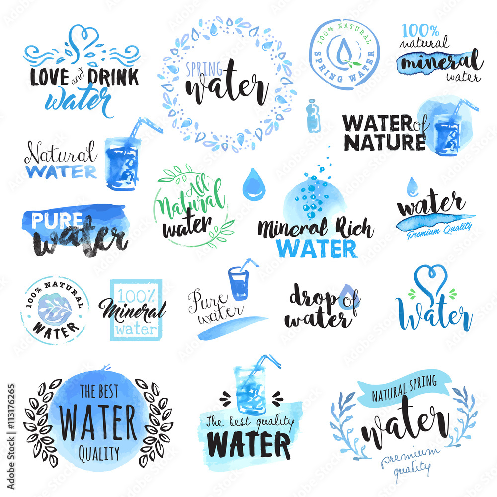 Set of hand drawn watercolor signs and elements of water. Vector ...